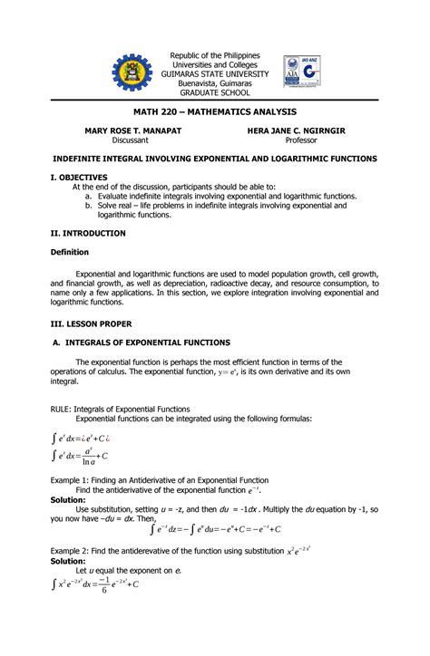 Math 220 Indefinite Integrals Involving Logarithmic And Exponential