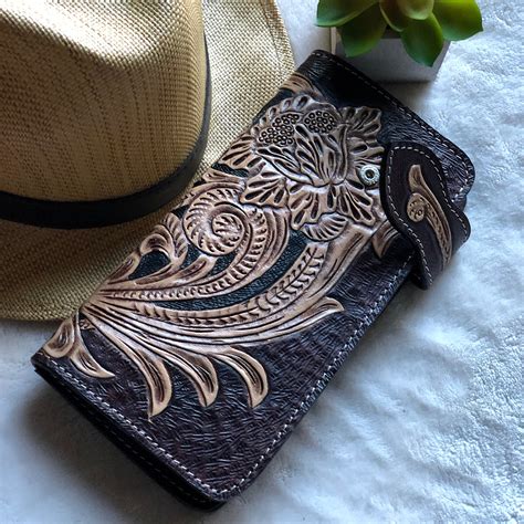 Tooled Leather Wallet Flowers Wallet Leather Woman Wallet Flowers Wallet Western Style Wallet