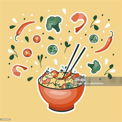 아시아 음식 스티커입니다 새우와 고추를 곁들인 쌀 레스토랑 배너 로고 및 패스트 푸드 광고에 적합합니다 한국 또는 중국 음식 브로콜리에 대한 스톡 벡터 아트 및 기타 이미지