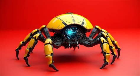 Yellow Spider Robot With Black Legs And Glowing Eyes Generative Ai