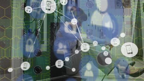 Animation Of Network Of Connections With Icons Over Caucasian Female It