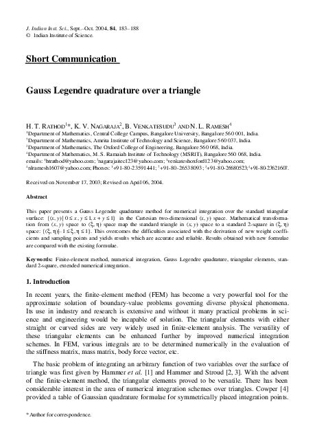 Pdf Gauss Legendre Quadrature Over A Triangle