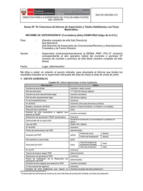 Anexo N° 10 Estructura De Informe De Supervisión A Títulos Habilitantes Con Fines Maderablesvf