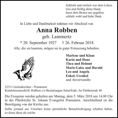 Traueranzeigen Von Anna Robben Aachen Gedenkt