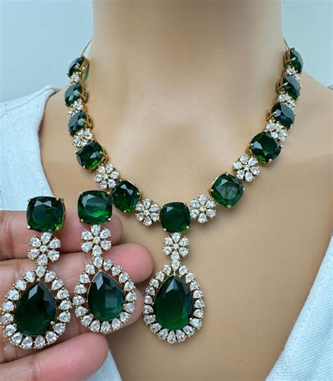 Green Teardrop Cz Diamond Necklace Indian Cz Diamond Prom Jewelry