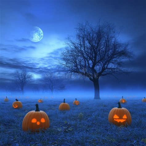 In A Field Under The Full Moon Spooky Halloween Pumpkins Are Planted
