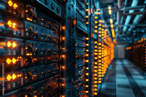 Data Center With Server Racks And Orange Lights Data Security Cybersecurity Infrastructure
