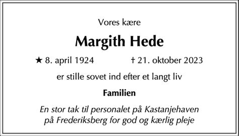 Dødsannonce Margith Hede Frederiksberg Dødsannoncerdk