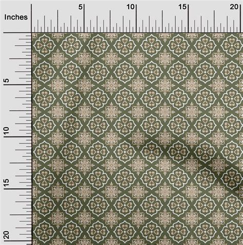 Oneoone Cotton Poplin Twill Olive Green Fabric Floral And Tiles Moroccan