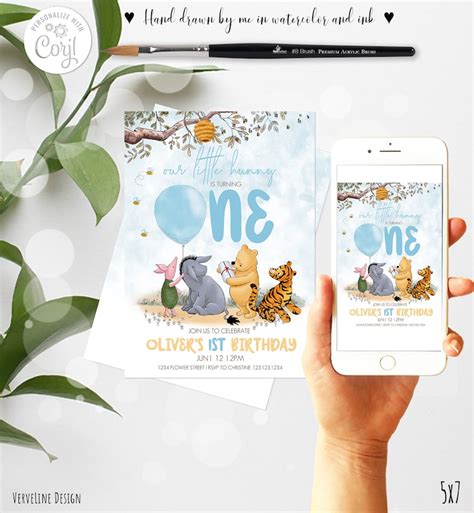 Editable Invitation Classic Winnie The Pooh Hundred Acre Wood 1st