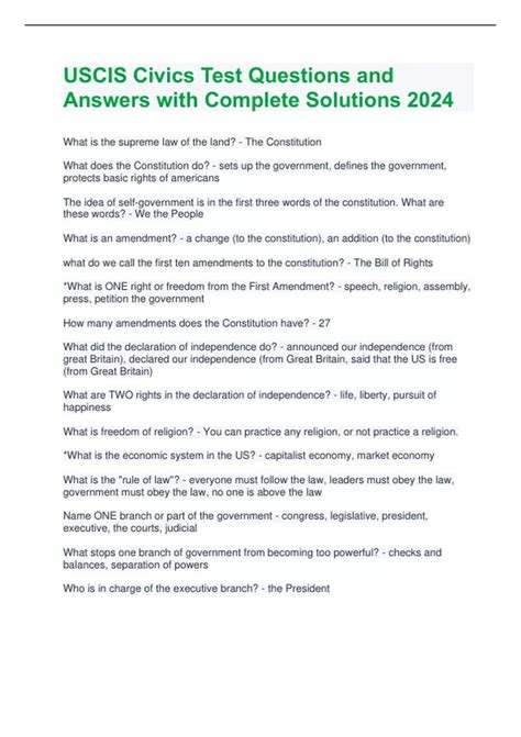 Uscis Civics Test Questions And Answers With Complete Solutions 2024 Uscis Civics Stuvia Us