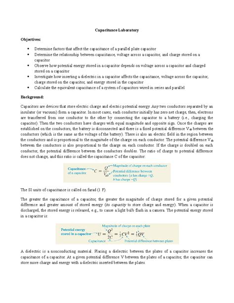 Capacitance Lab 2 Homework Assignment Capacitance Laboratory
