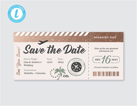 Printable Save The Date Boarding Pass Template Destination Wedding