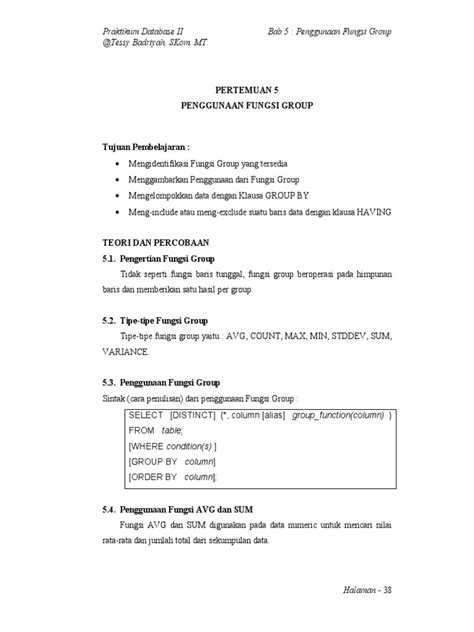 Prakdb Sql Bab3 Penggunaan Fungsi Group Pdf Pdf