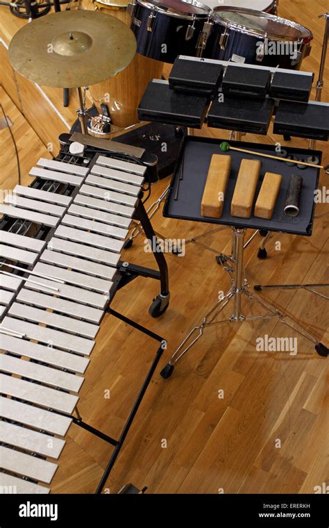 A Percussion Set Up On Stage Including A Vibraphone Wood Blocks