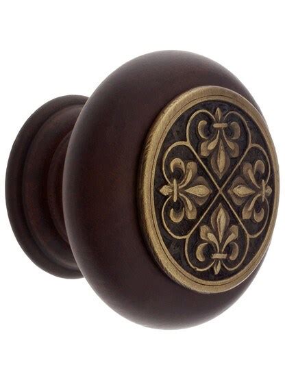 1 1 2 Diameter Fleur Dis Lis Knob In Dark Walnut Antique Brass House Of Antique Hardware