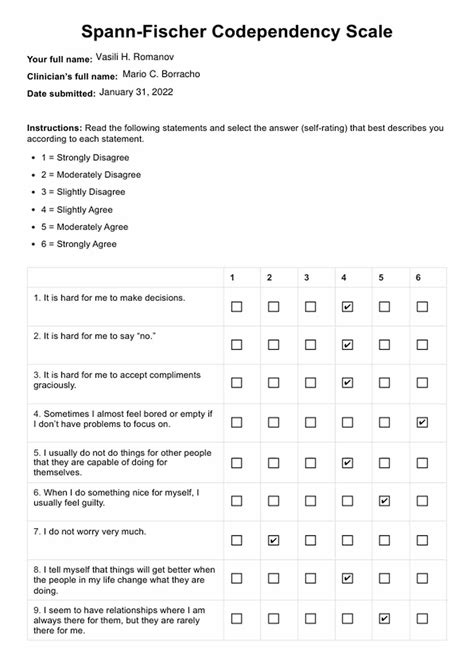 Spann Fischer Codependency Scale And Example Free Pdf Download