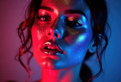 Closeup Of A Womans Face Illuminated With Red And Blue Lights Covered