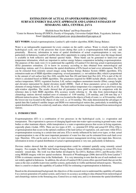Pdf Estimation Of Actual Evapotranspiration Using Surface Energy Balance Approach And Landsat