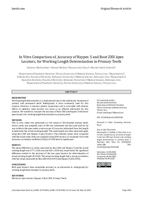 Pdf In Vitro Comparison Of Accuracy Of Raypex 5 And Root Zxii Apex
