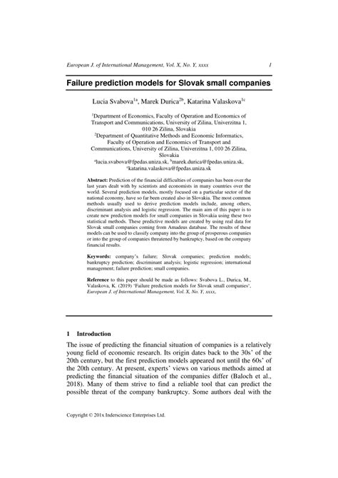 Pdf Failure Prediction Models For Slovak Small Companies