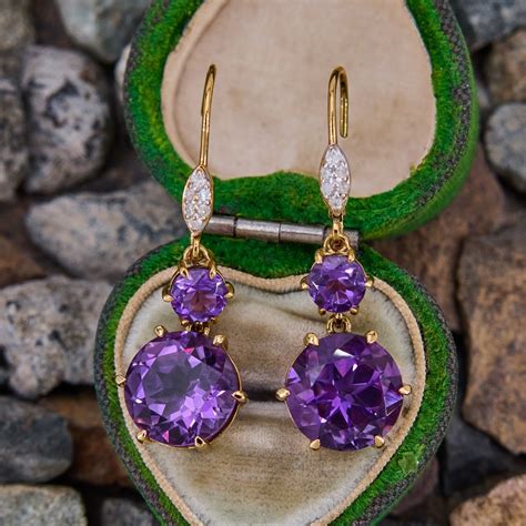 Double Amethyst Dangle Earrings 14k Yellow Gold
