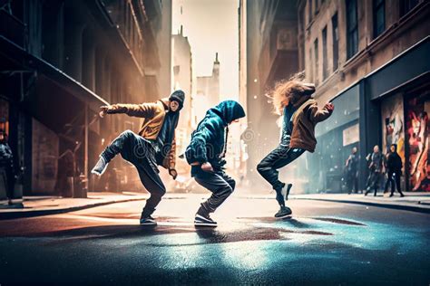 Three Young Dancers Dancing Street Dance In Downtown Joyful People