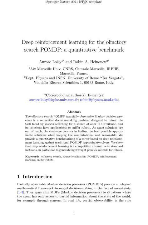 Pdf Deep Reinforcement Learning For The Olfactory Search Pomdp A Quantitative Benchmark