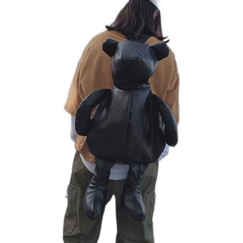 Black Vegan Leather Large Bear School Unique Backpack Handbags Baginning
