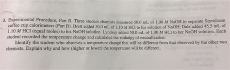 Solved Experimental Procedure Part B Three Student Chegg