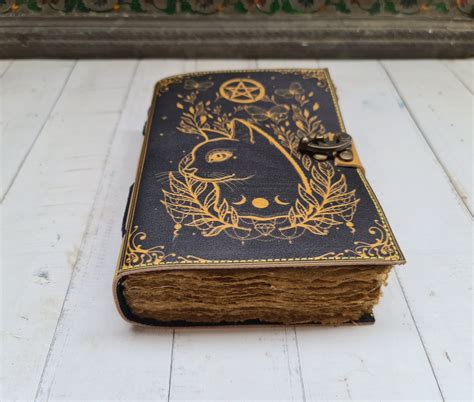Grimoire Journal Leather Print Caltic Cat Journal Blank Spell Etsy