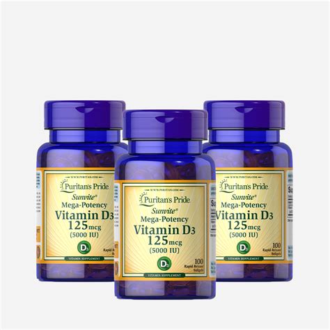 Puritans Pride Vitamin D3 125 Mcg 5000 Iu 100 Softgels 3 Pack