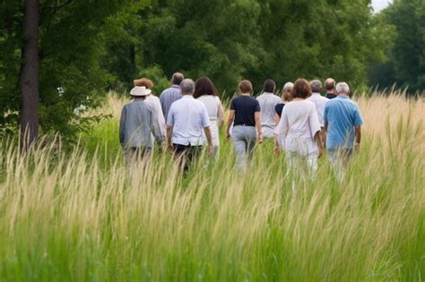 Premium Ai Image Rearview Shot Of A Group Of People Walking Through Grass Created With