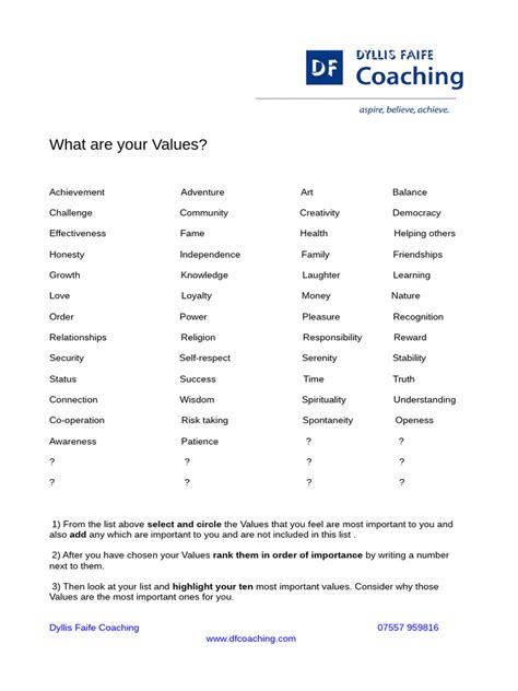 Df Coaching Values Elicitation Exercise Pdf