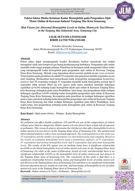 Pdf Risk Factors For Abnormal Hemoglobin Levels In Online Motorcycle Taxi Drivers In The