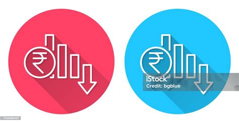 Indian Rupee Rate Decrease Round Icon With Long Shadow On Red Or Blue Background Stock