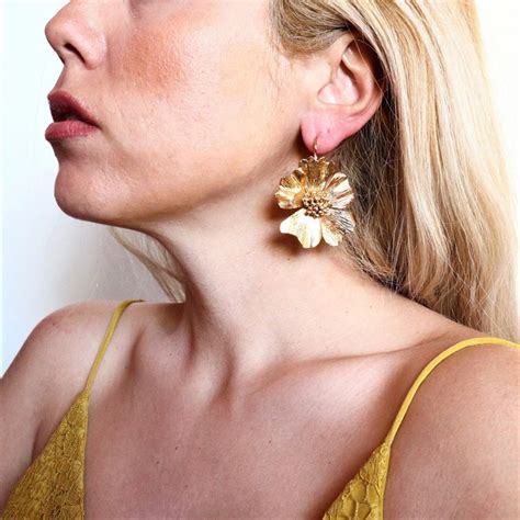 Statement Gold Flower Drop Earrings Oversized 18k Gold Plated Brass Etsy