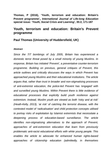 Pdf Youth Terrorism And Education Britains Prevent Programme