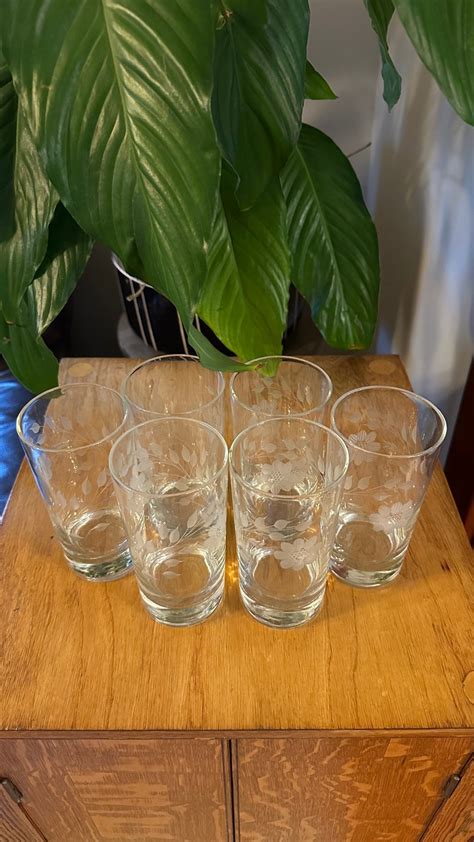 Vintage Floral Etched Drinking Glasses Set Of 6 Etsy