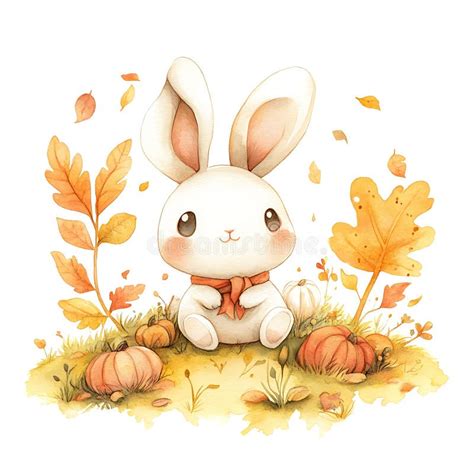 Cute Watercolor Rabbit With Pumpkins And Fall Leaves Stock Illustration