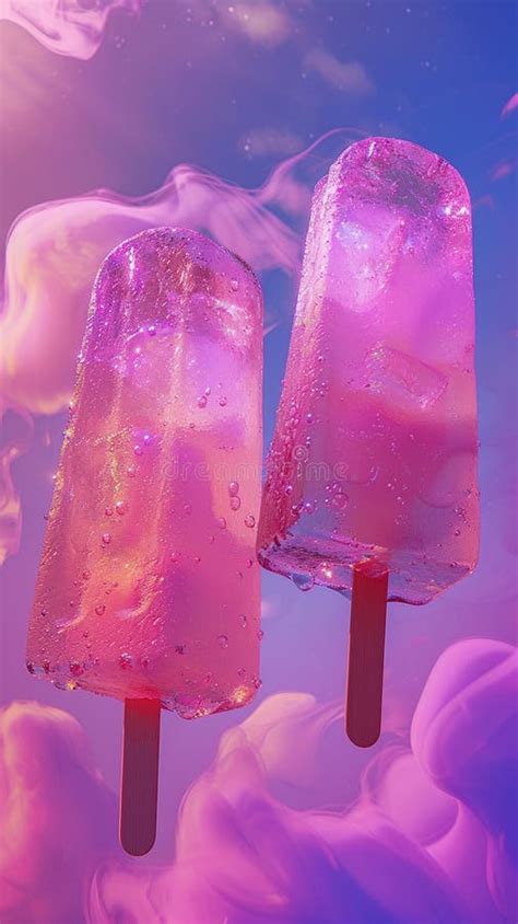 Two Pink Popsicles Floating In A Purple Cloud Background Stock Illustration Illustration Of