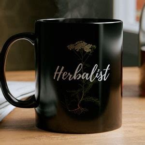 Herbalist Coffee Mug Yarrow Botanical Print Black Ceramic Cup