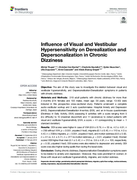 Pdf Influence Of Visual And Vestibular Hypersensitivity On Derealization And Depersonalization