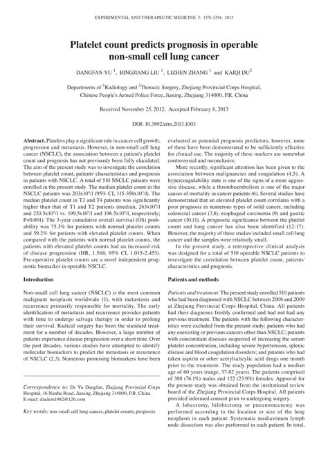 Pdf Platelet Count Predicts Prognosis In Operable Non Small Cell Lung