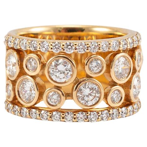 Ladies 18k Yellow Gold Wide Pave And Bezel Set Diamond Band Ring For