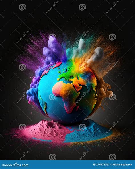 Earth Globe Exploding With Colorful Holi Powder Generative Ai Stock