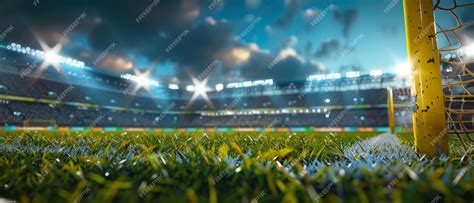 Low Angle View Of A Football Field With Stadium Lights And Cloudy Sky