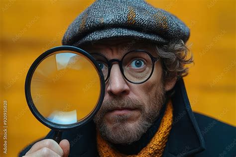 Quirky Detective Character Exaggerated Closeup Of Man Peering Through