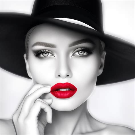 Premium Ai Image A Woman In A Black Hat Is Wearing A Black Hat With A Red Lips