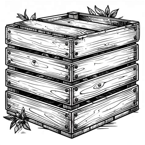 Black And White Line Art Drawing Of A Stacked Wooden Crate Stock